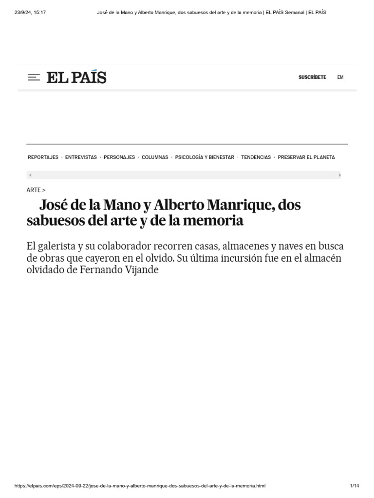José de La Mano y Alberto Manrique, Dos Sabuesos Del Arte y de La ...