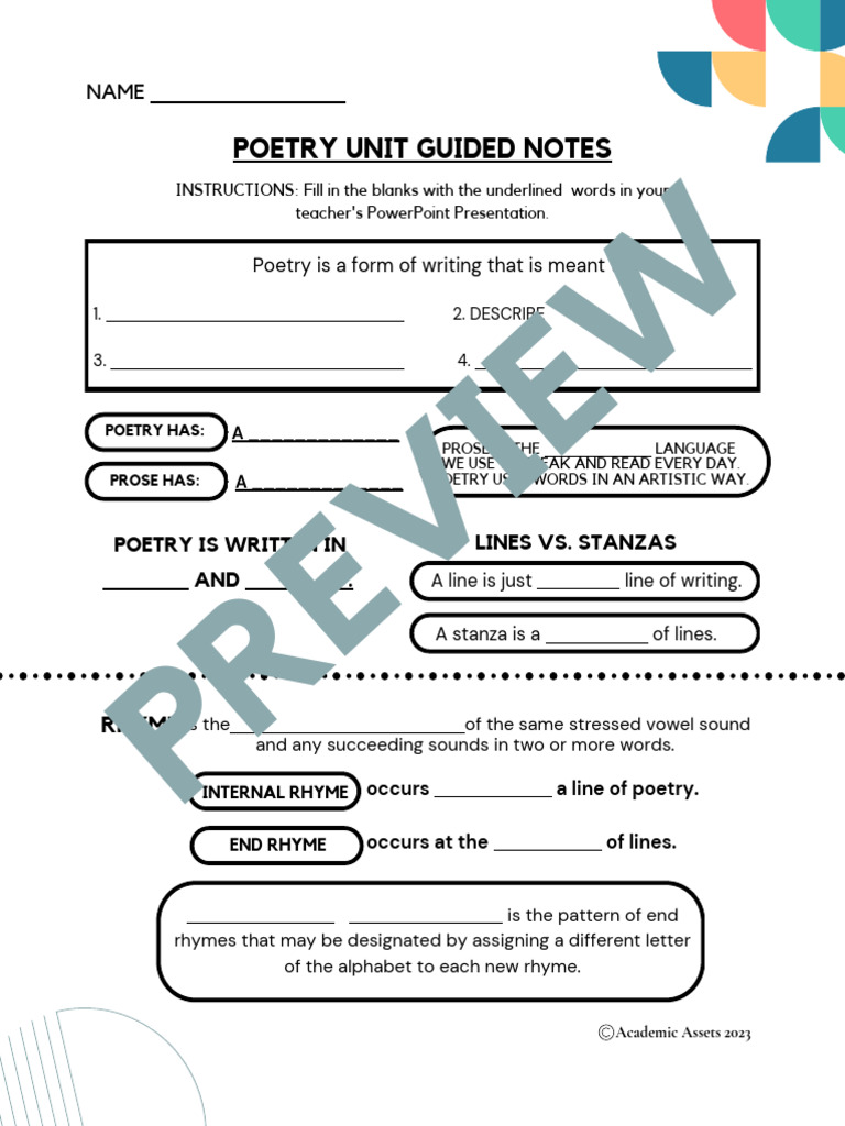 EV IE W: Poetry Unit Guided Notes | PDF