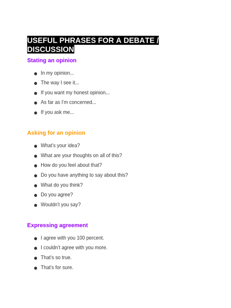 Useful Phrases For A Debate - Discussion | PDF