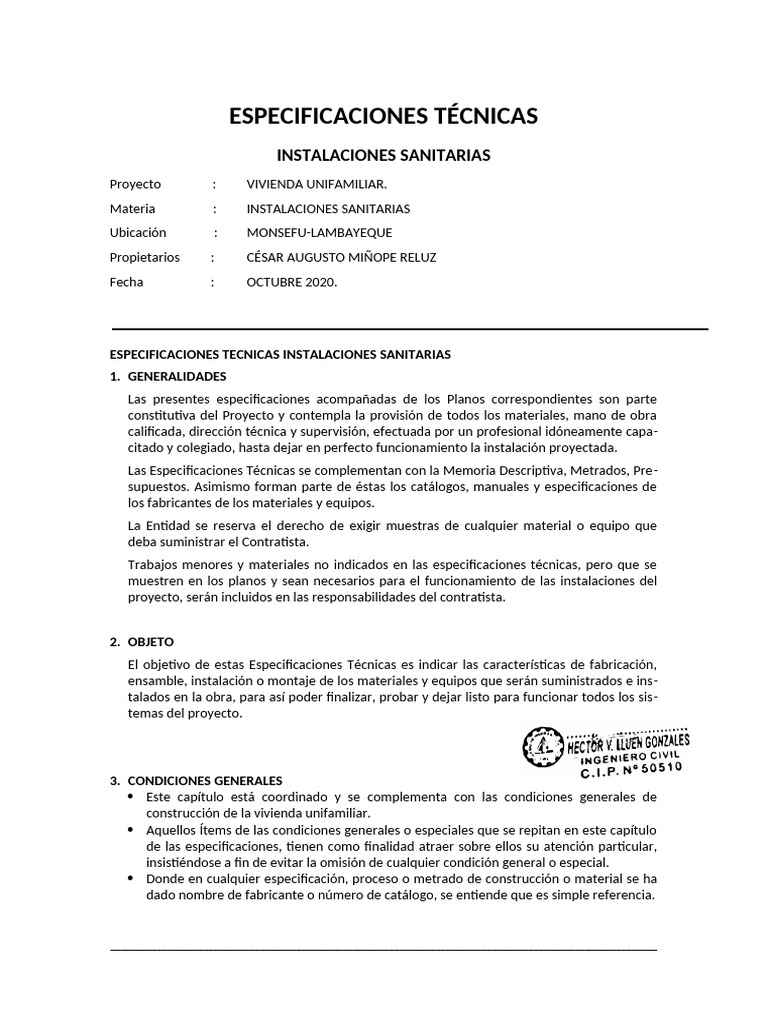 Especificaciones Tecnicas - Instalaciones Sanitarias Ok | PDF