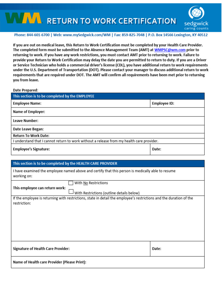 Return To Work Form | PDF
