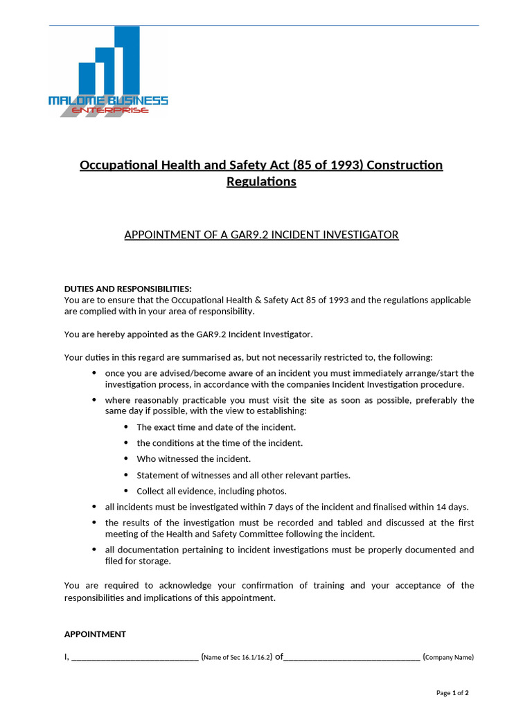 Appointment - GAR9.2 Incident Investigator | PDF