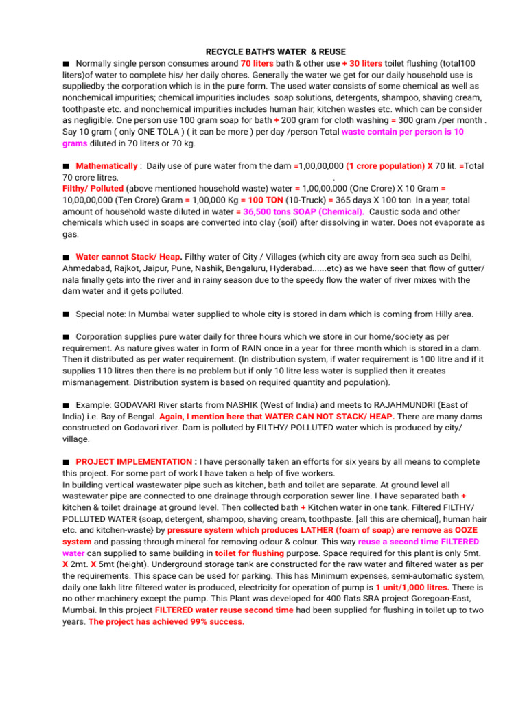 Efficient Bath Water Recycling System | PDF | Water | Litre