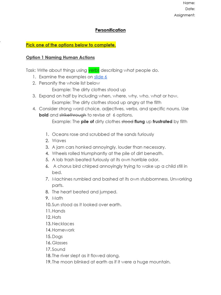 Colin - S 7aW-Personification With Human Verbs and Adjectives | PDF