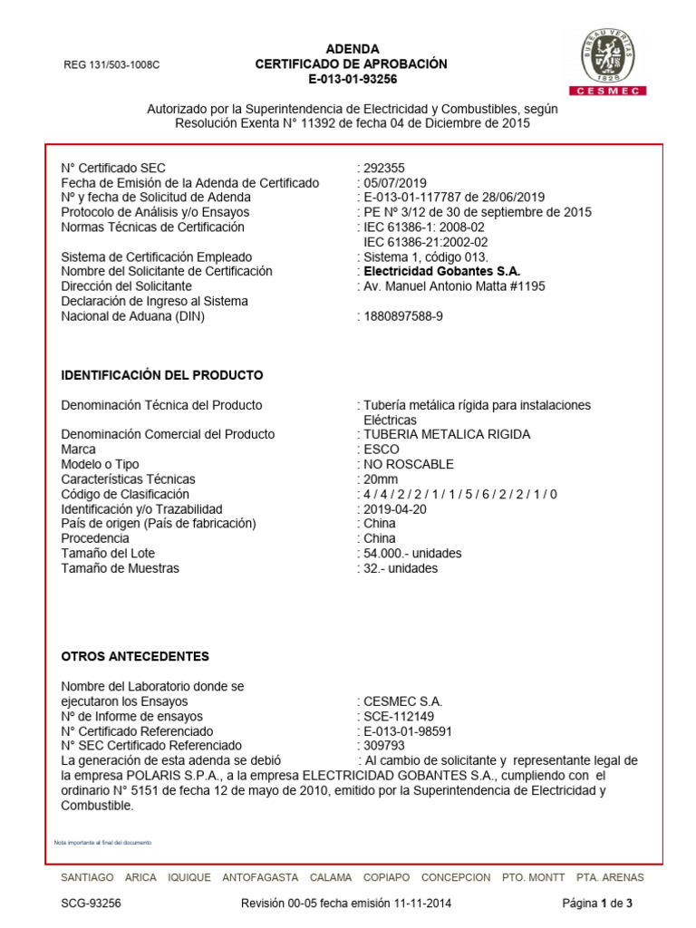 Certificado Aprobacion Cesmec Emt 10024 | PDF