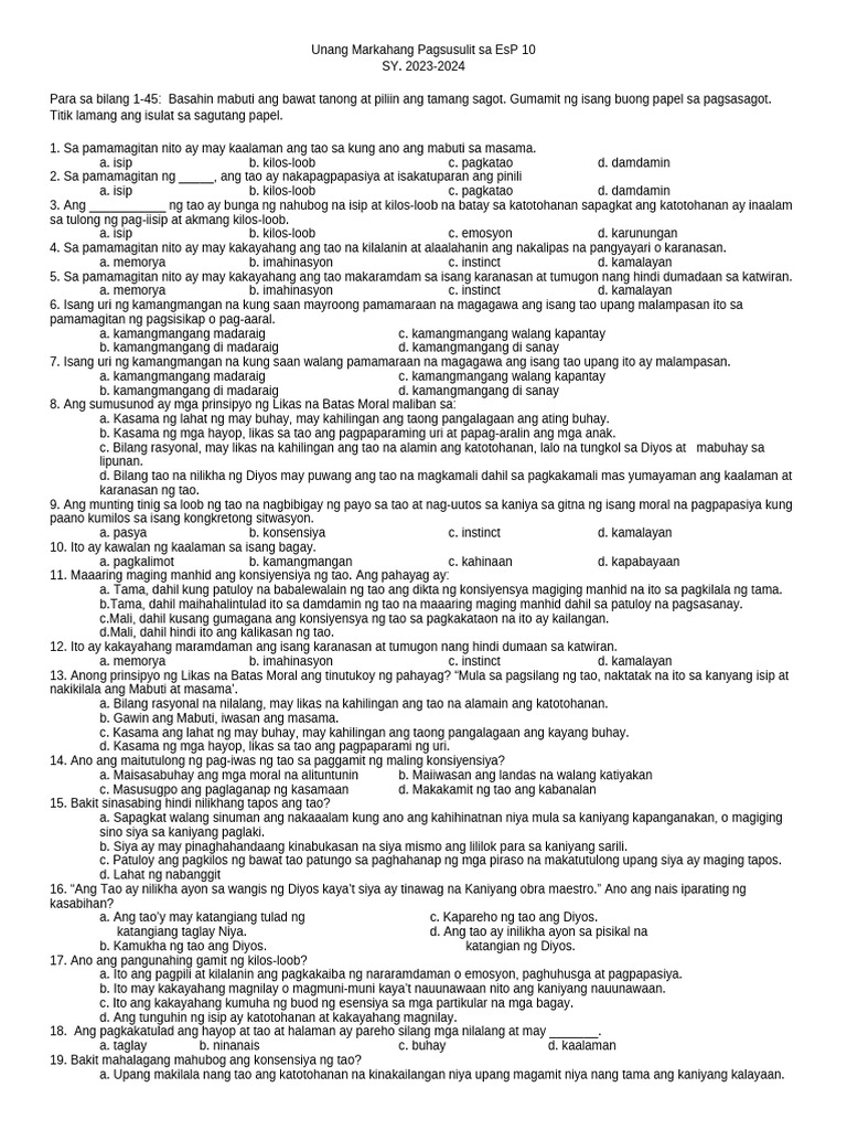 Esp 10 Unang Markahan 2023 | PDF