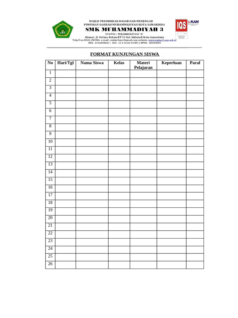 Format Kunjungan Siswa Perpustakaan | PDF