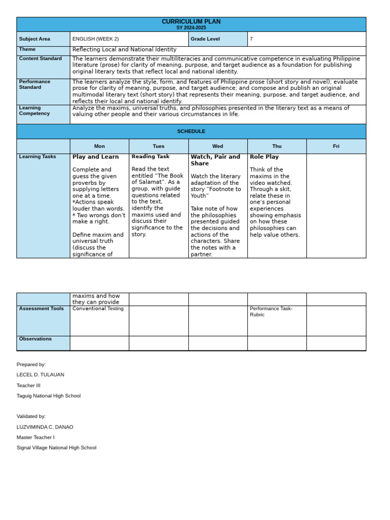 Curriculum Plan English 7 Qtr2 LC2-2 | PDF