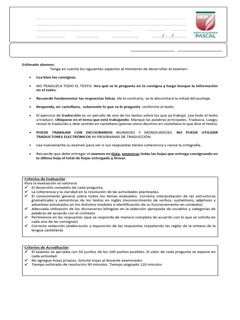 Examen Inglés Modelo ISP | PDF | Traducciones | Lingüística