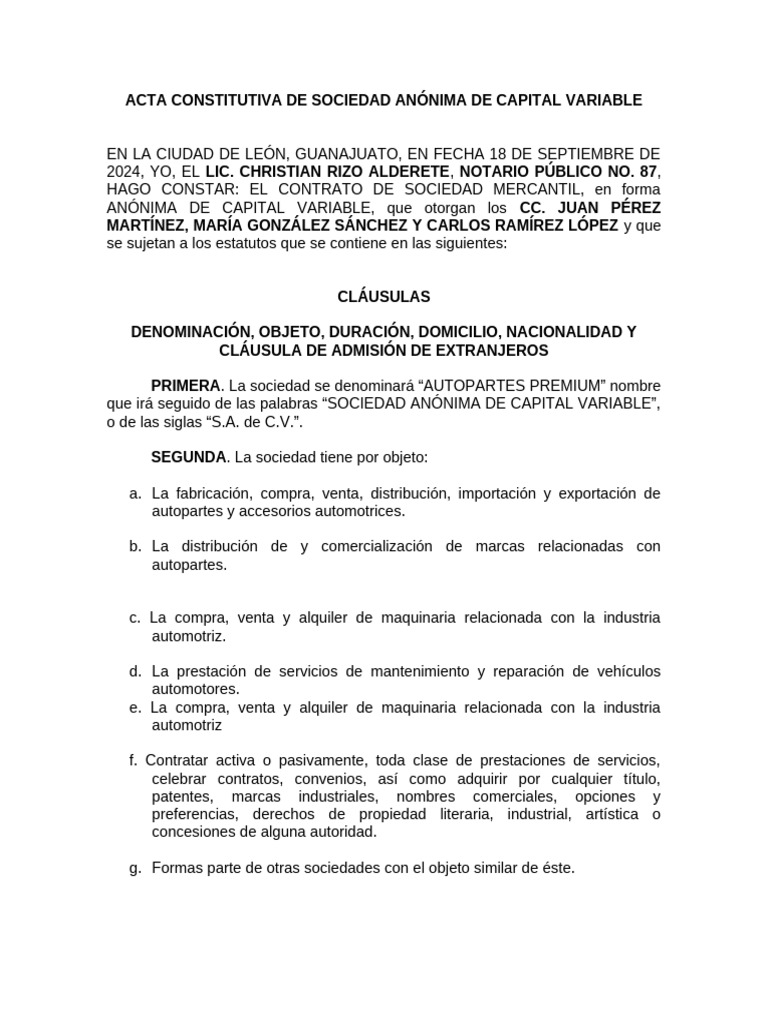 Acta Constitutiva de Sociedad Anonima de Capital Variable | PDF | Sociedad de responsabilidad ...