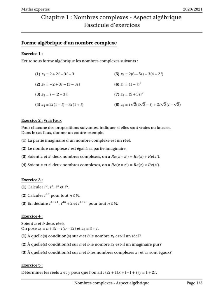 Nombres Complexes (Aspect Algébrique) - Exercices | PDF