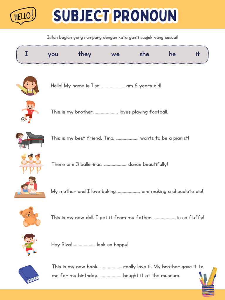 Lembar Kerja Kata Ganti Subjek Subject Pronoun Kuning Biru Pdf