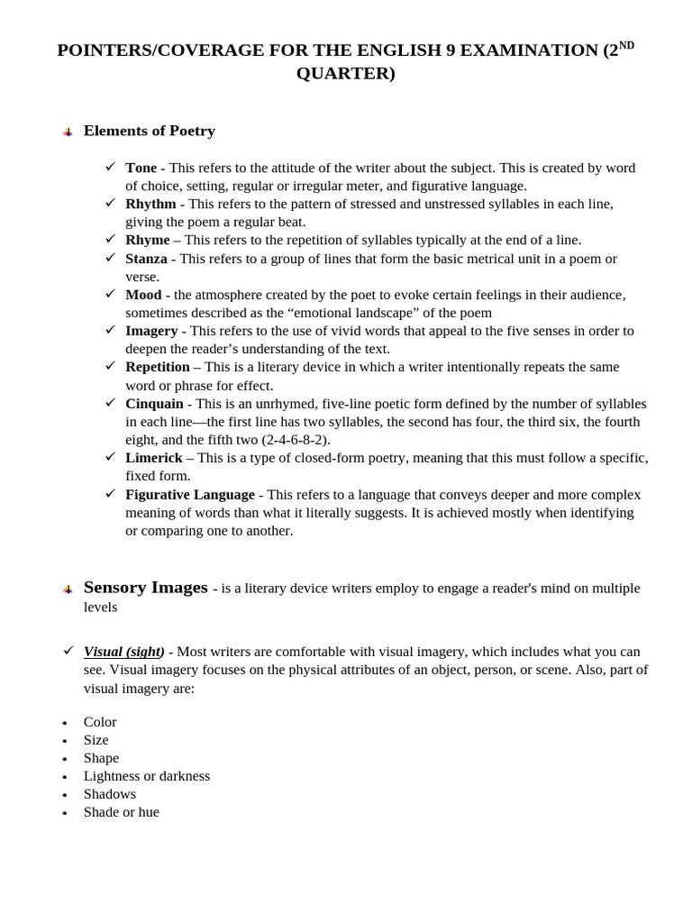English 9 Exam Review: 2nd Quarter Pointers | PDF | Poetry | Taste