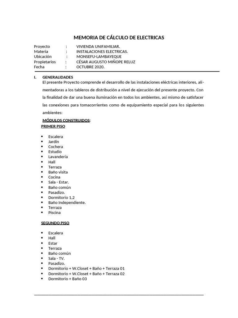 Memoria de Calculo - Instalaciones Electricas | PDF