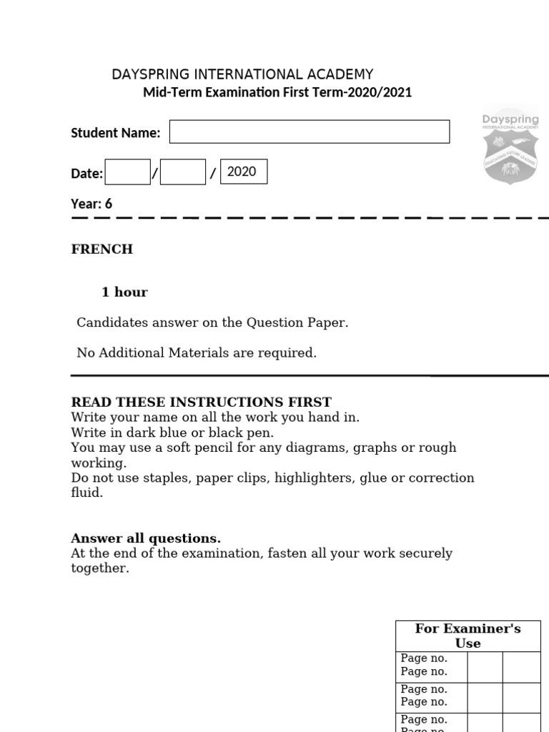 French Year 6 Midterm Exam | PDF