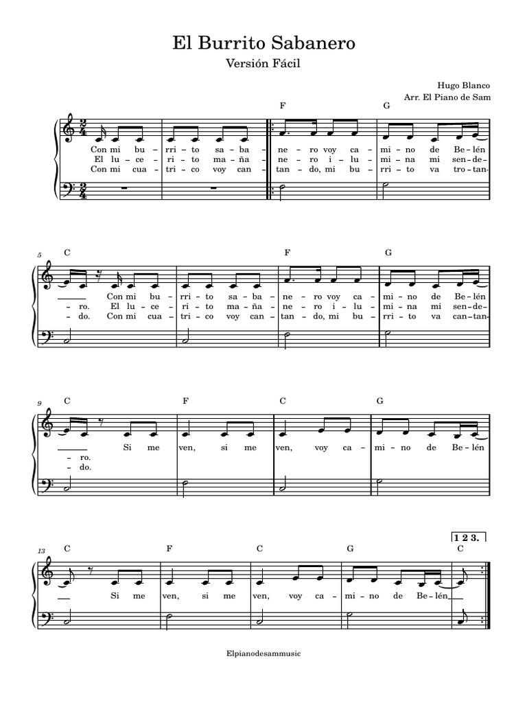 El Burrito Sabanero Versión Fácil Piano | PDF