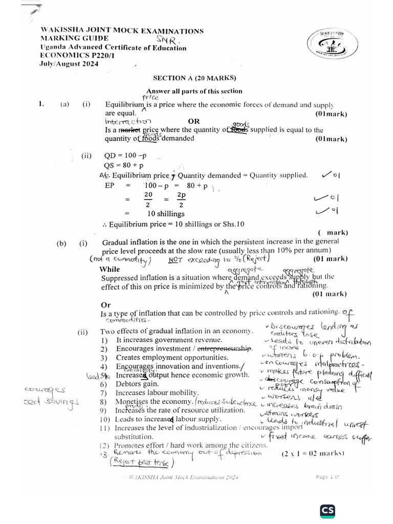 Wakisha Economics 1 Marking Guide | PDF