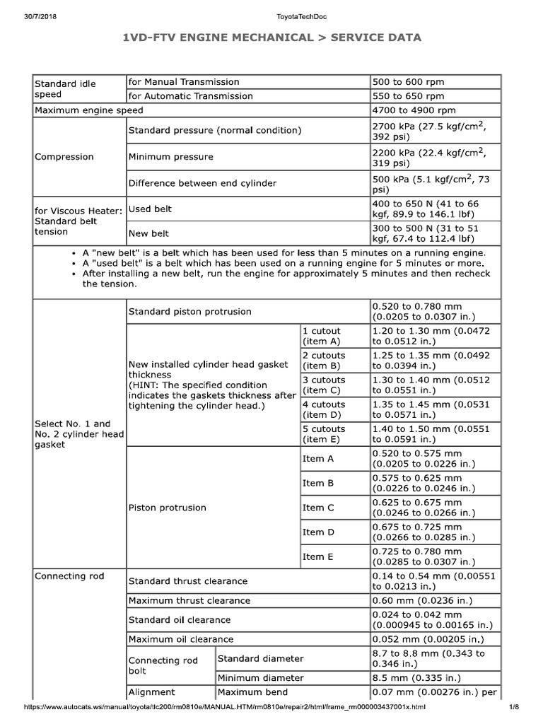 1VD-FTV Engine Mechanical Service Data | PDF