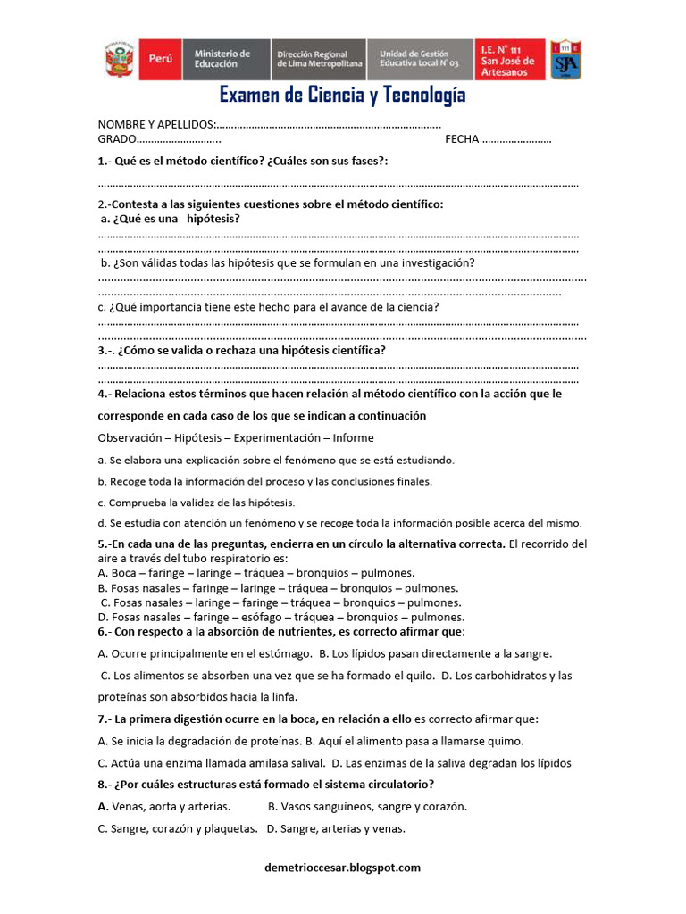Examen de Ciencia y Tecnología Institucion Educativa SJA Ccesa007 | PDF ...