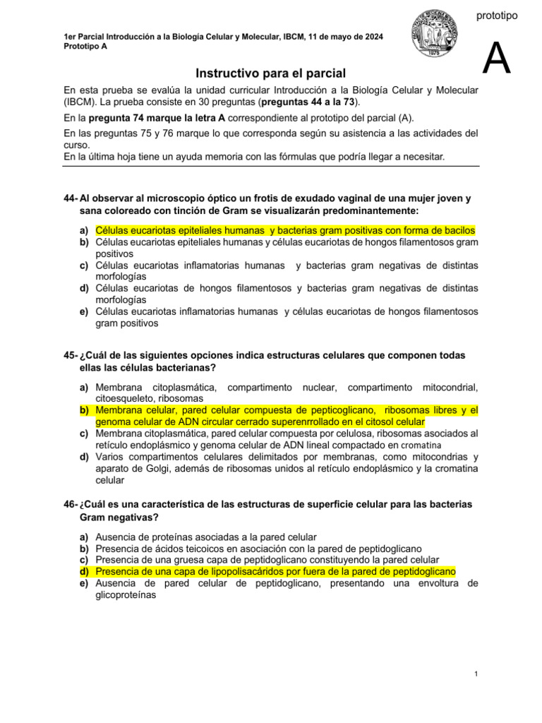 Preguntas 1er Parcial Ibcm - 11 Mayo - Prototipo A - Respuestas Marcadas | PDF | Biología ...
