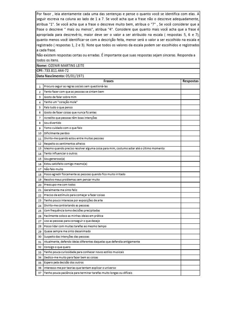 Questionário BFP | PDF