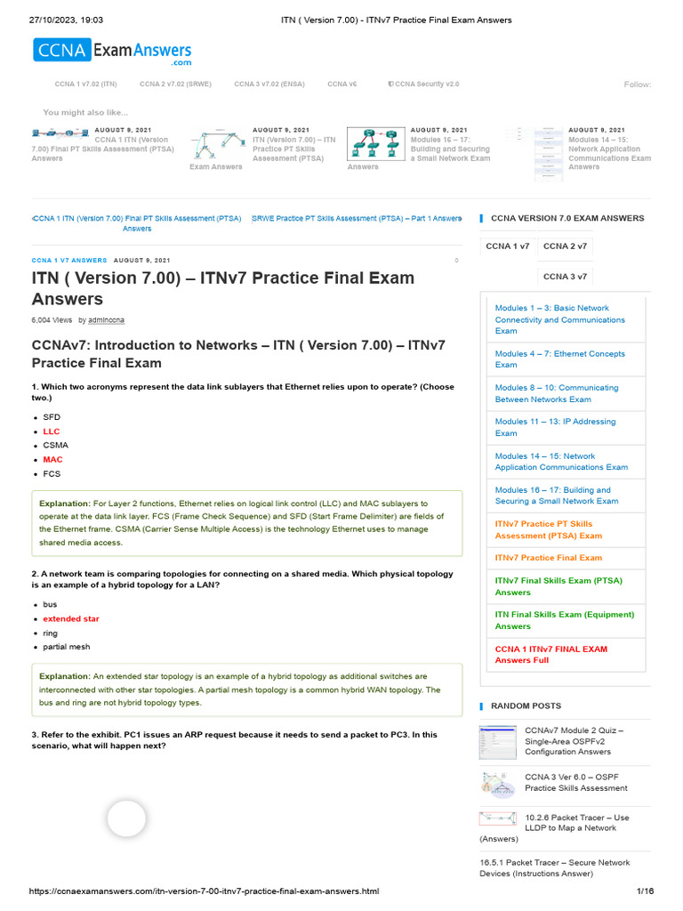 ITN (Version 7.00) - ITNv7 Practice Final Exam Answers | PDF ITN (Version 7.00) - ITNv7 Practice Final Exam Answers | PDF