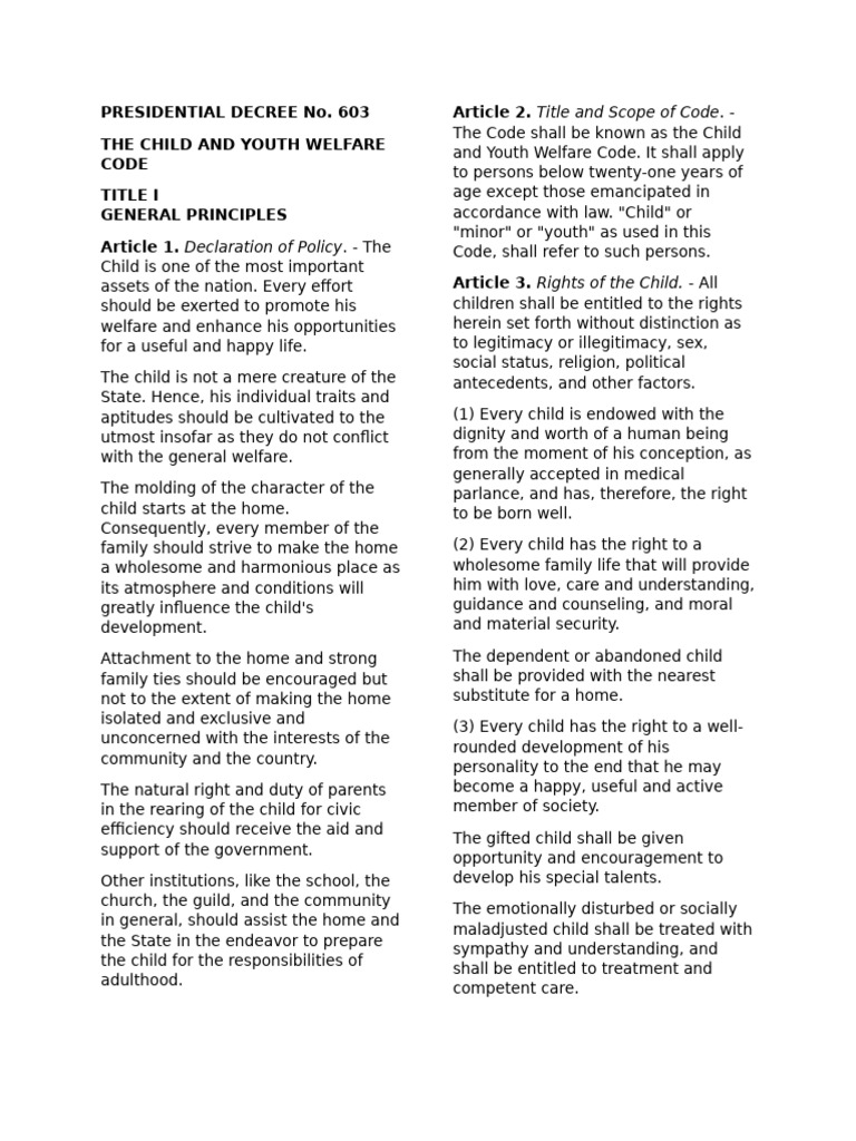 Child and Youth Welfare Code Overview | PDF | Legal Guardian | Social ...