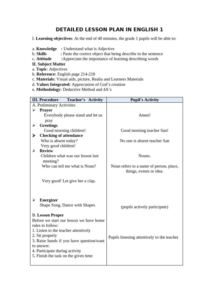 Adjective Lesson Plan | PDF