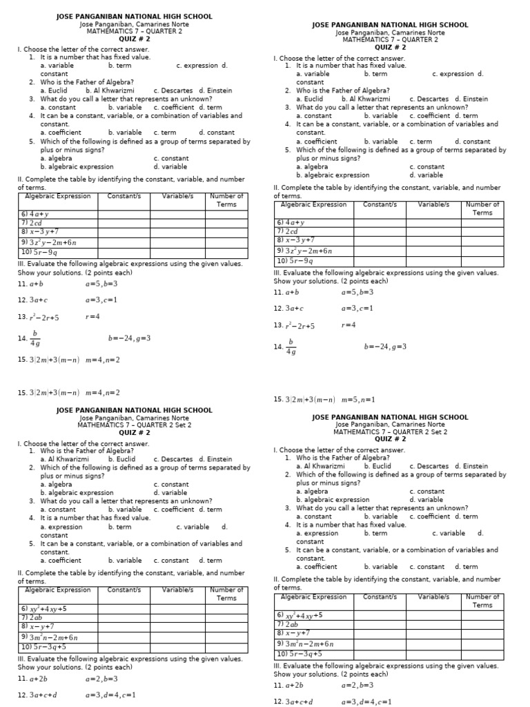 Math7-Q2-Quiz #2 | PDF