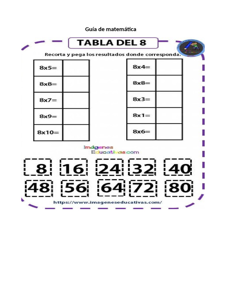 Guía de Matemática Las Tablas Del Ocho | PDF