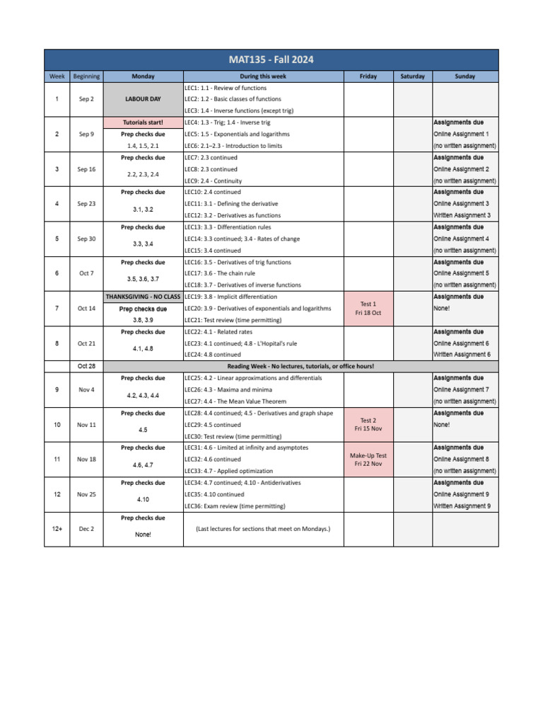 Mat135 f24 - Schedule | PDF