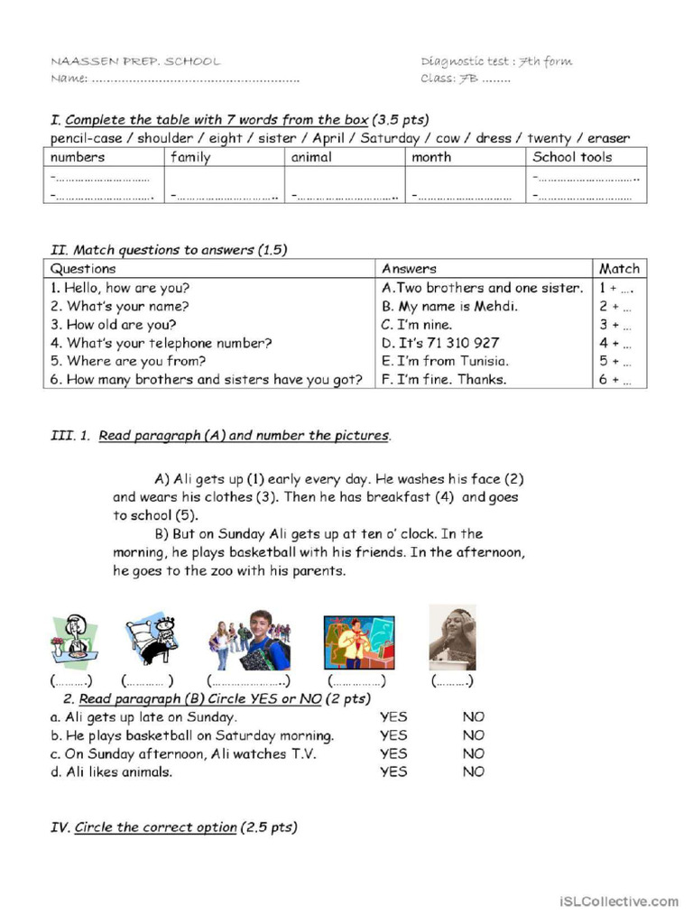 Diagnostic Test 7th Form Reading Comprehension Exercises Tests 5677 1 | PDF