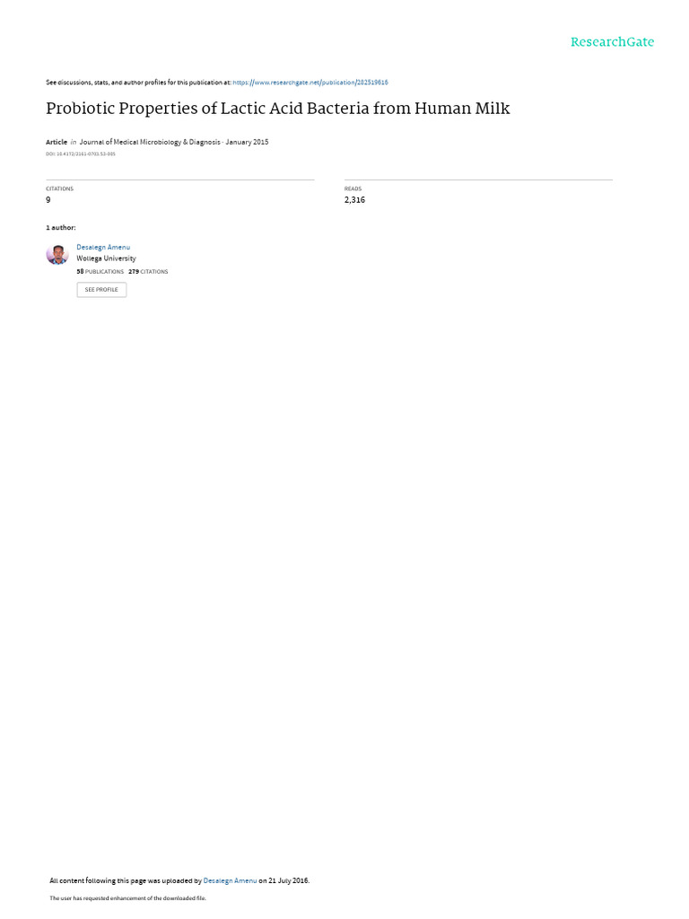 Probiotic Properties of Lactic Acid Bacteria From | PDF