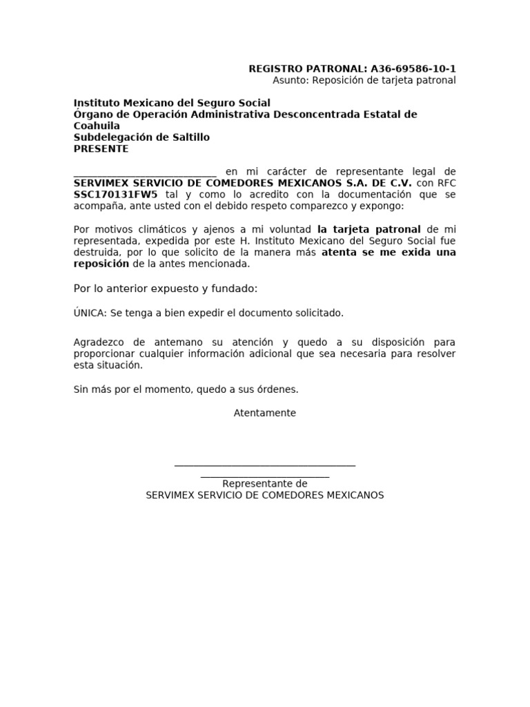 Reposicion Tarjeta Patronal - Imss | PDF