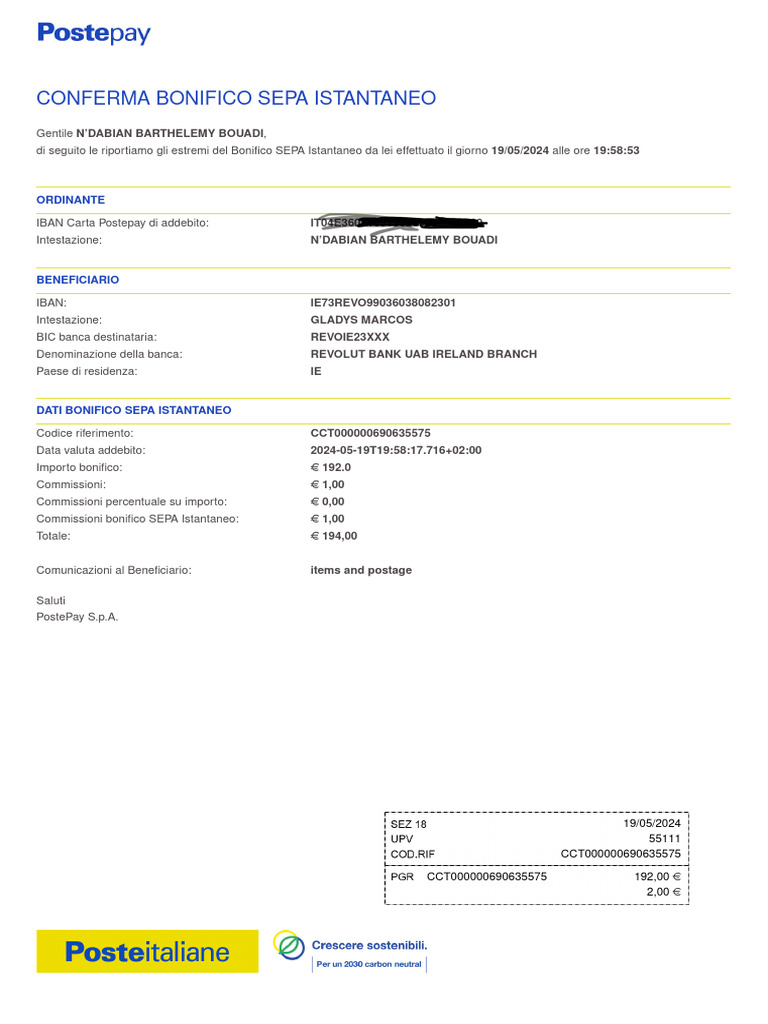 Ricevuta Bonifico Istantaneo 20240519 PDF | PDF