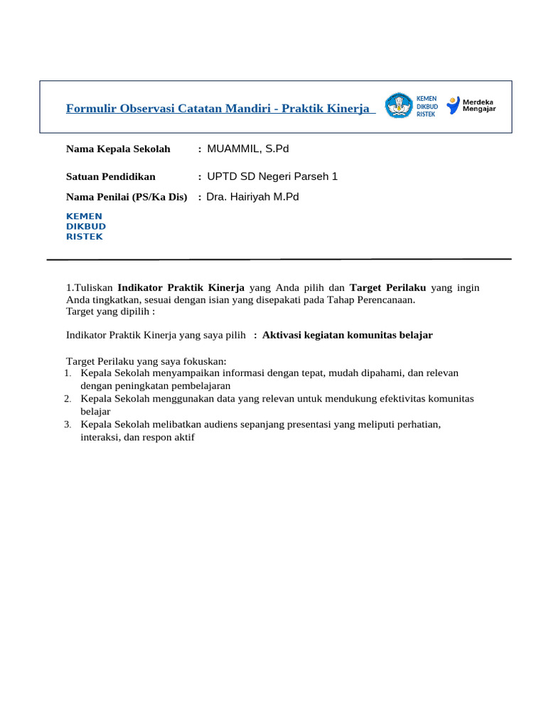 Form Observasi Catatan Mandiri Parseh 1 | PDF