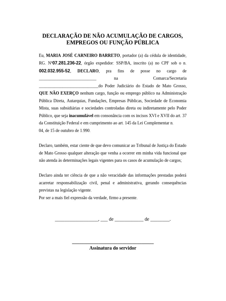Declaração de Não Acumulação de Cargos Zelinha | PDF