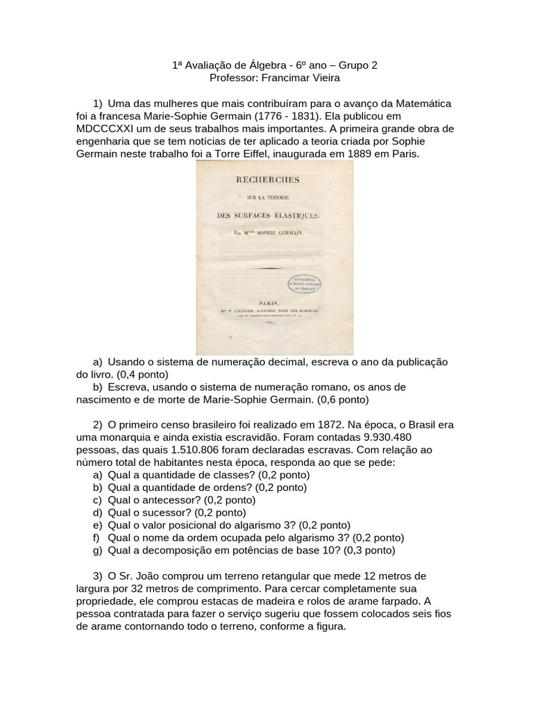 Prova de Álgebra 6º Ano - GRUPO2 | PDF
