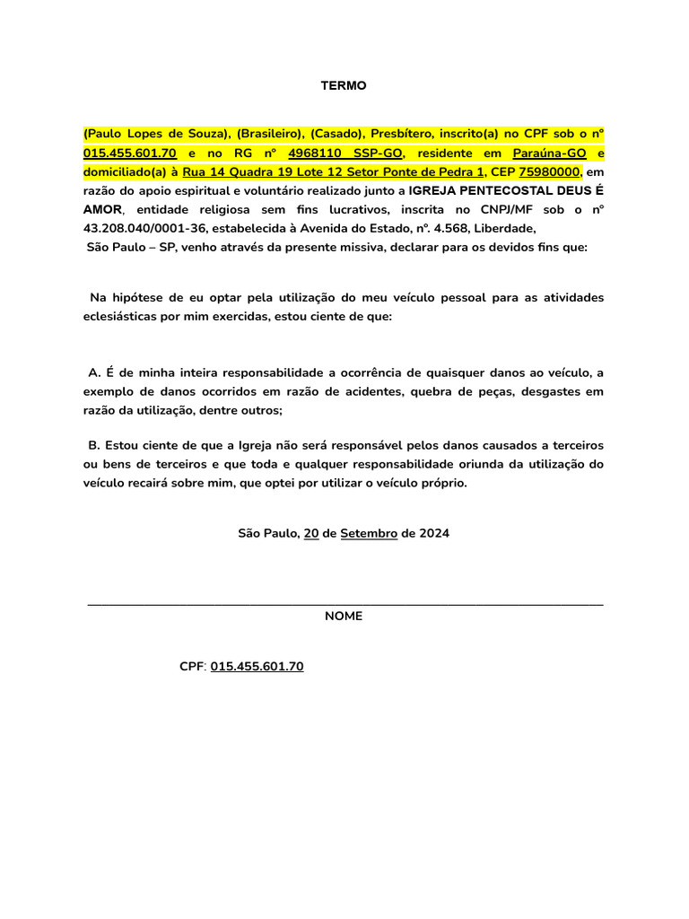 Termo De Utilização De Veículo Pdf