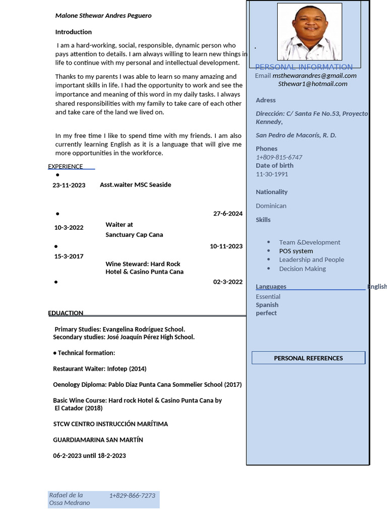 currAÃ - Culum Sthewar Andres Malone Peguero | PDF | Wine | Foodservice