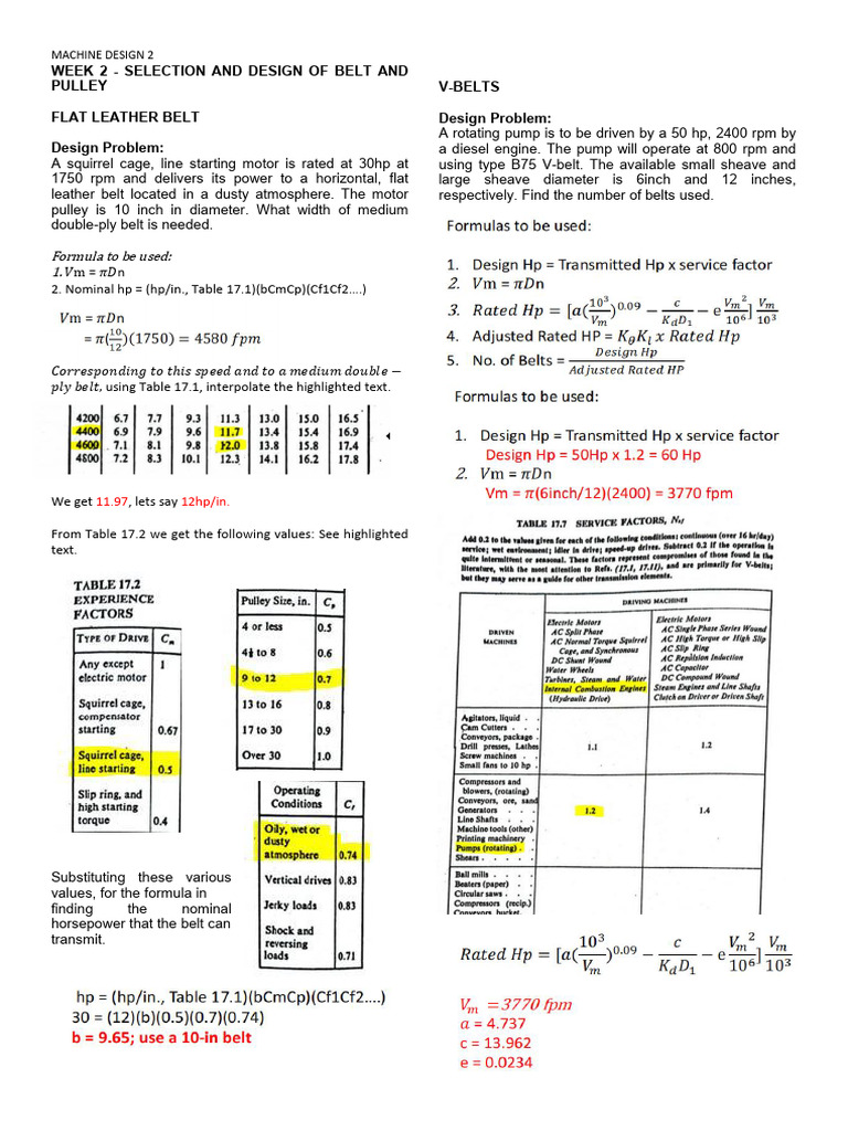 Week 2 - Belt and Pulley Sample Problems | PDF