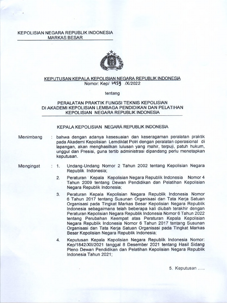 Kep 1459 Kalemdiklat Tentang Peralatan Praktik Fungsi Teknis Kepolisian ...