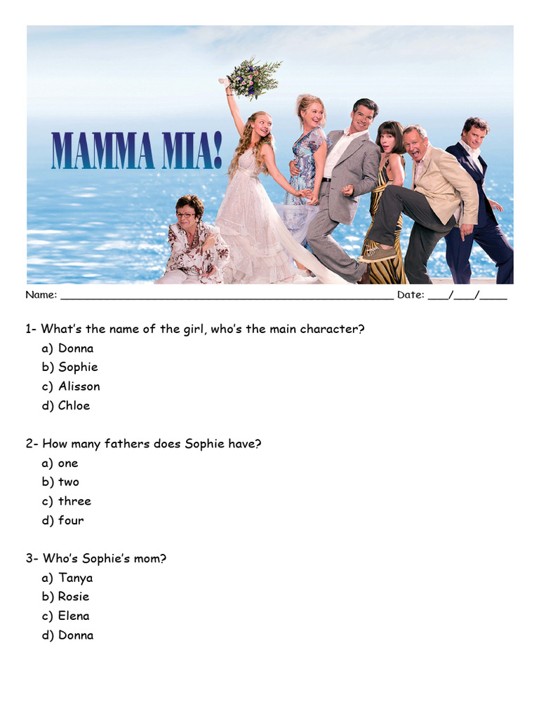 Mamma Mia! Movie Worksheet | PDF