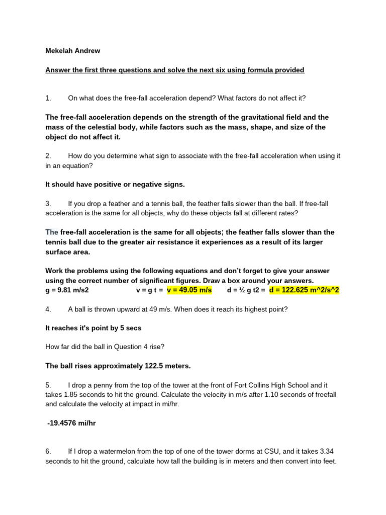 Freefall Questions 1 - Mekelah Andrew | PDF