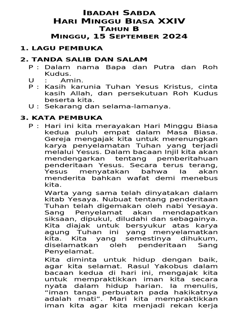 Ibadat Sabda Hari Minggu Biasa XXIV 2024 | PDF