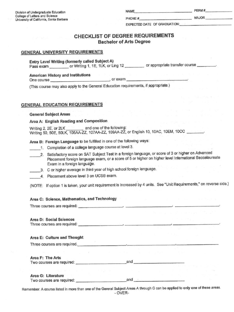 UCSB Bachelor of Arts Degree Requirements Checklist | PDF