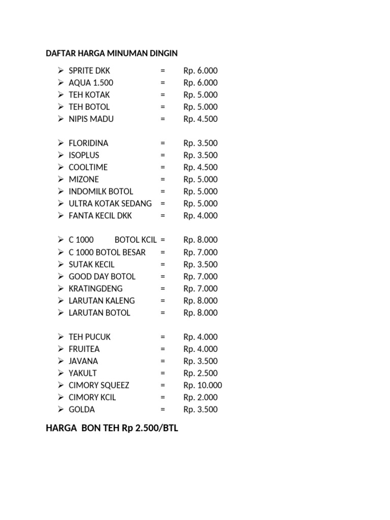 Daftar Harga Minuman Dingin | PDF
