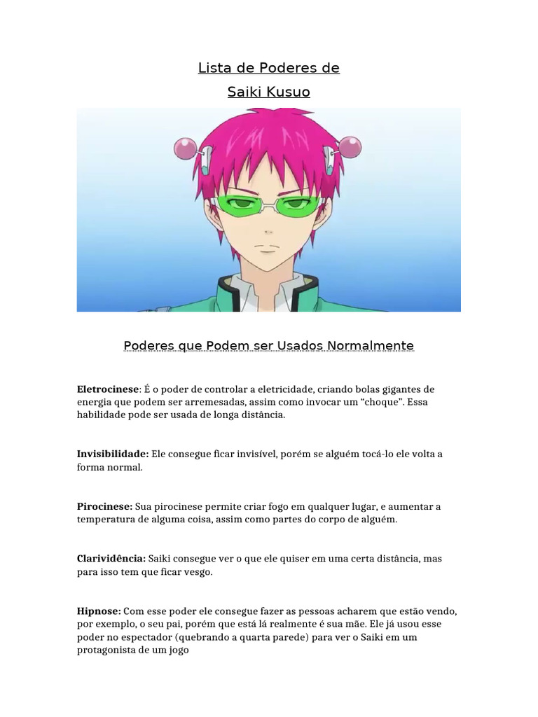 Poderes Do Saiki | PDF