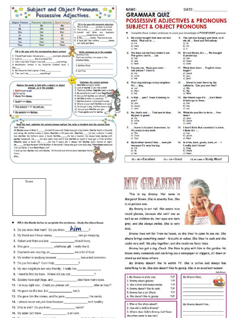 Grade 7 Subject Object Pronouns, Possesive Adj | PDF