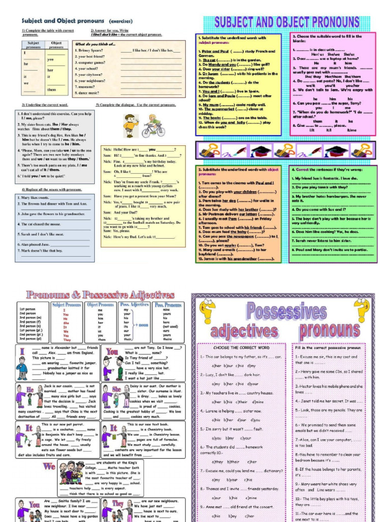 Grade 7 Subject Object Pronouns, Possesive Adj | PDF